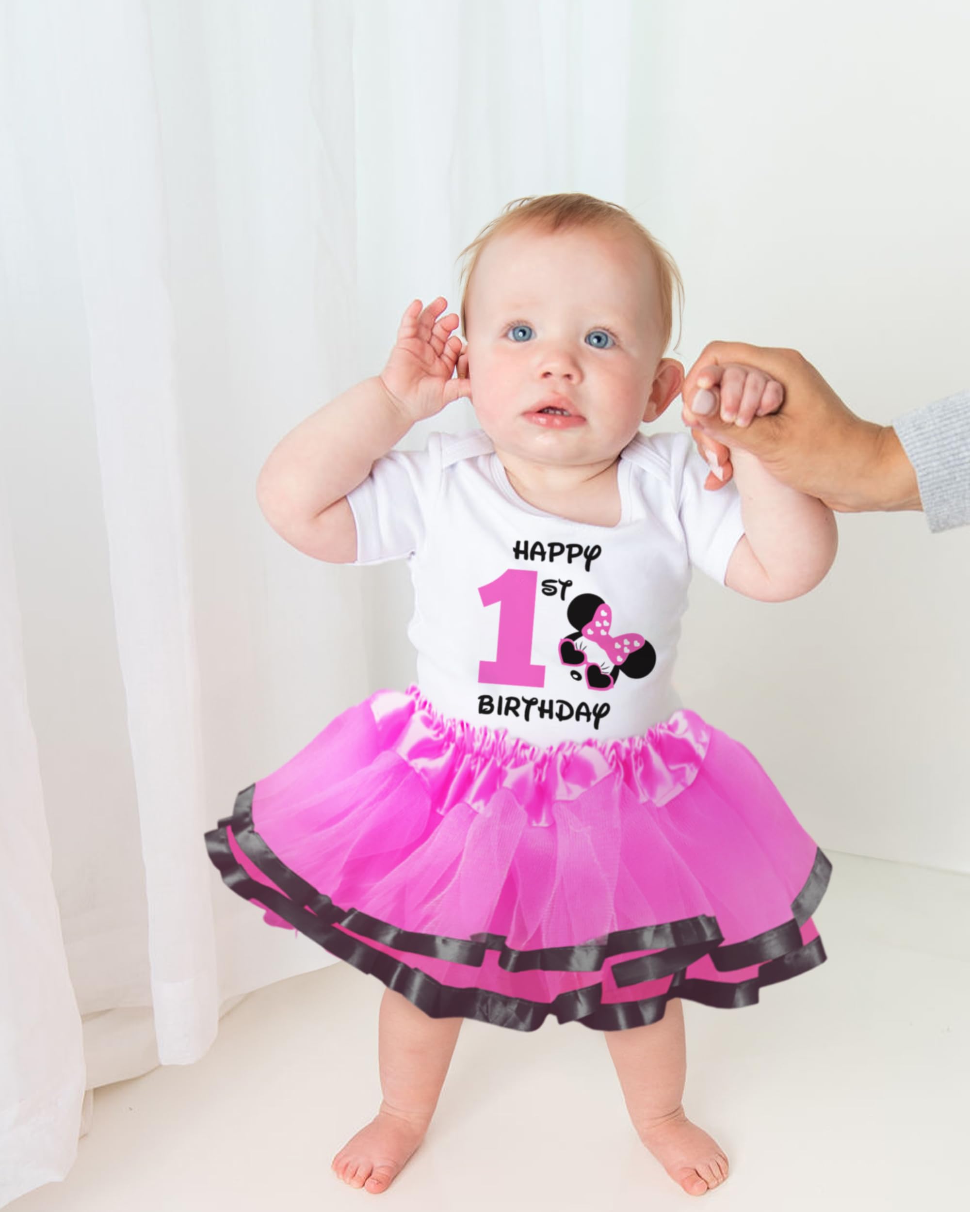 First Birthday Girl Outfit - Mouse Tutu Set (Pink and Black Tutu, 12M Short Sleeves)