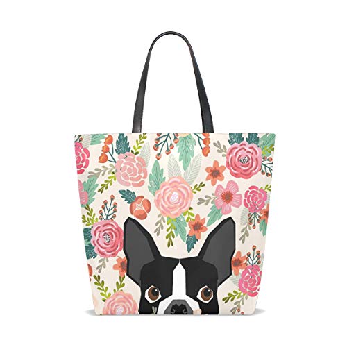 Flowers Boston Terrier Travel Double-sided Reusable Grocery Shopping Gym Tote Bag Portable Storage HandBag - Cute Dog Paw Prints
