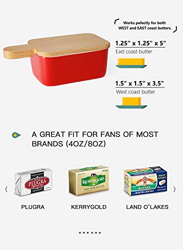 Sweese 323.104 Butter Dish with Lid and Handle, Porcelain Butter Keeper and Extended Wooden Lid, Red