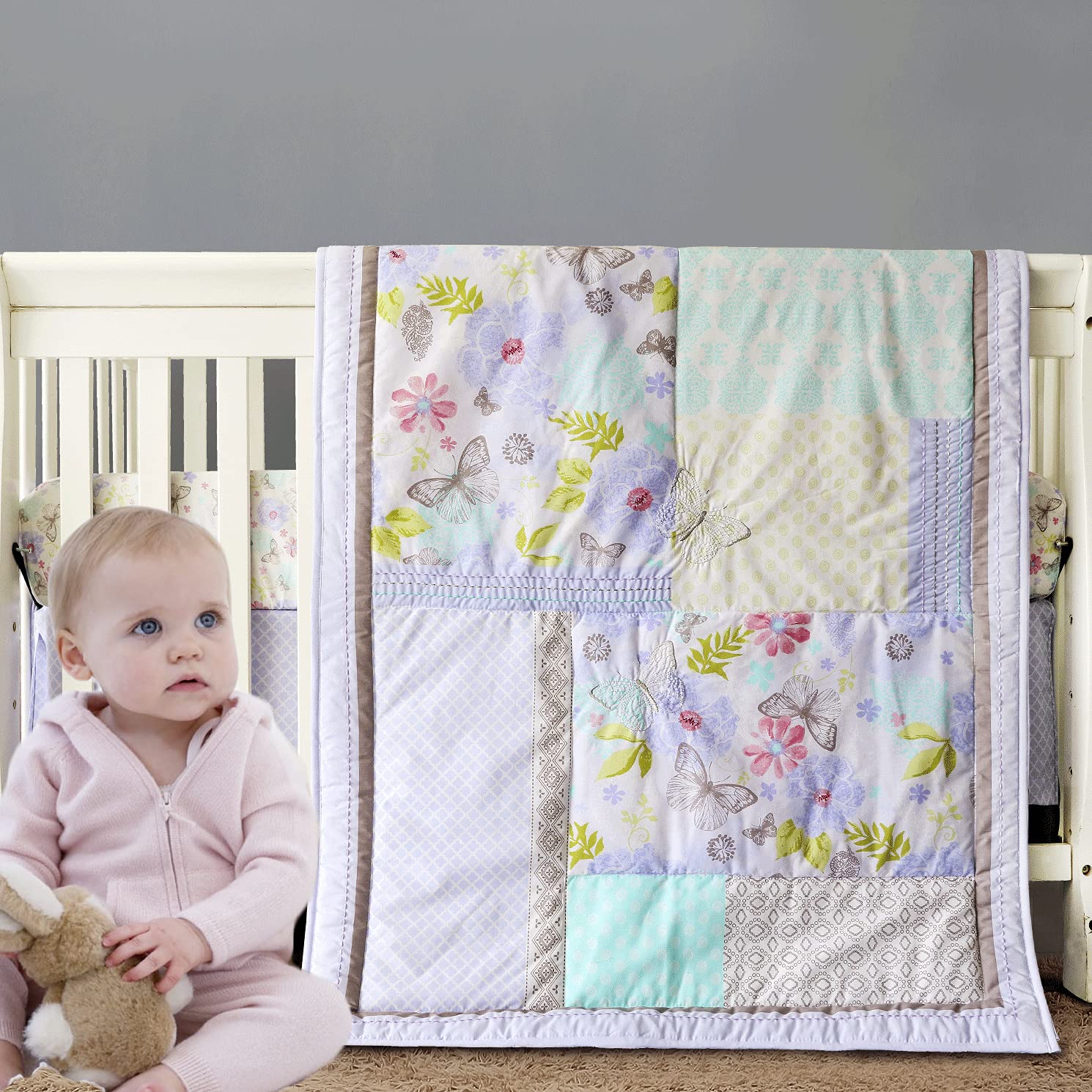 Brandream Baby Girl Purple Butterfly Crib Bedding Set Sweet Nursery Bedding 3 Piece Farmhouse Comforter Set,Fitted Sheet, Crib Skirt