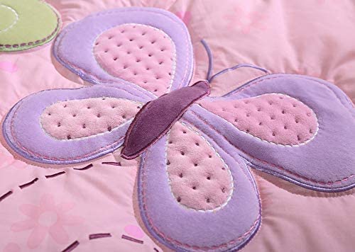 Brandream Crib Bedding Sets for Girls with Purple Butterfly | Baby Comforter, Fitted Sheet, Dust Ruffle and Diaper Stacker, Ambroidered Floral Animal Pink, 4 Pieces