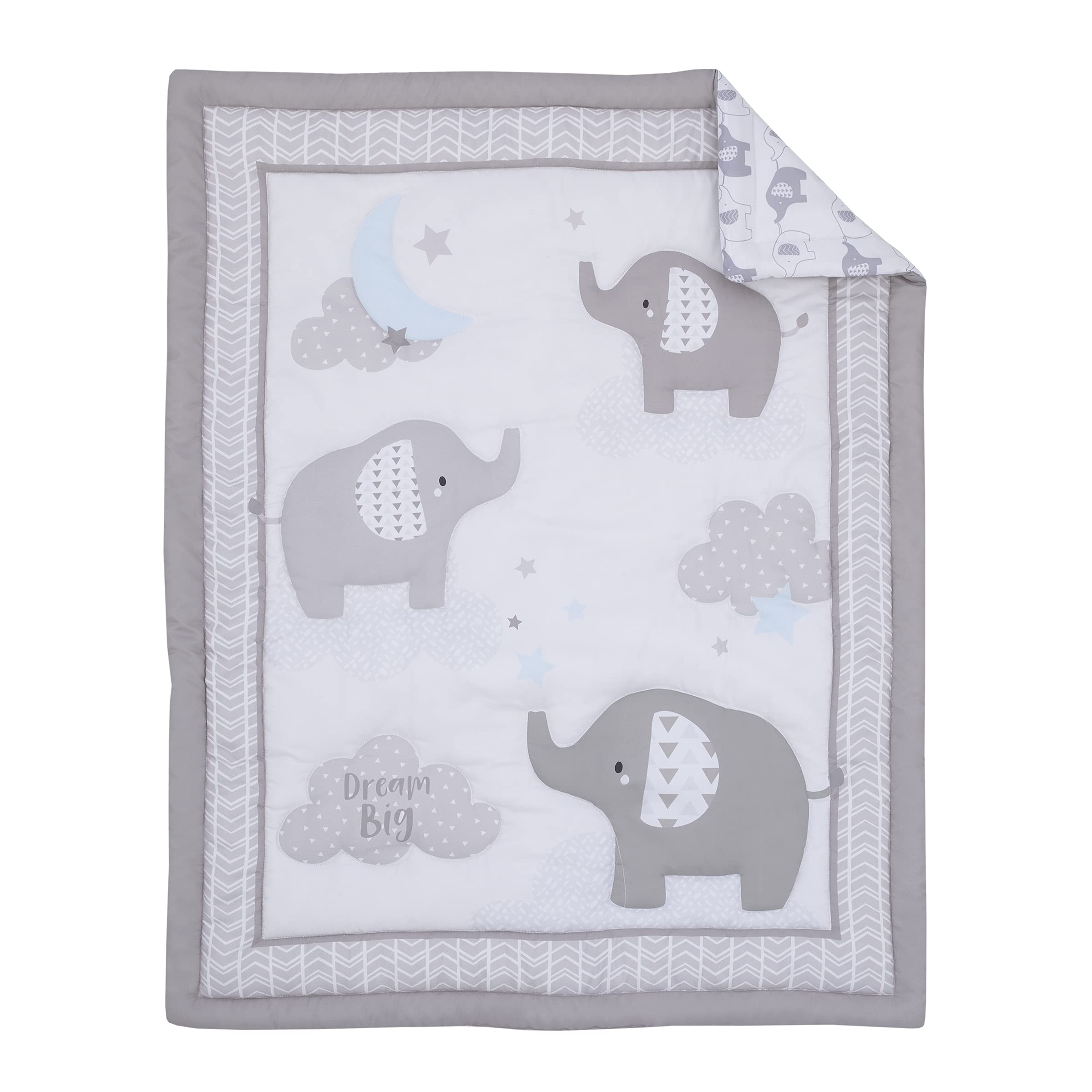 NoJo Little Love Elephant Stroll Dream Big Clouds and Stars with Chevron Border 3 Piece Nursery Mini Crib Bedding Set - Comforter, and Two Fitted Mini Crib Sheets