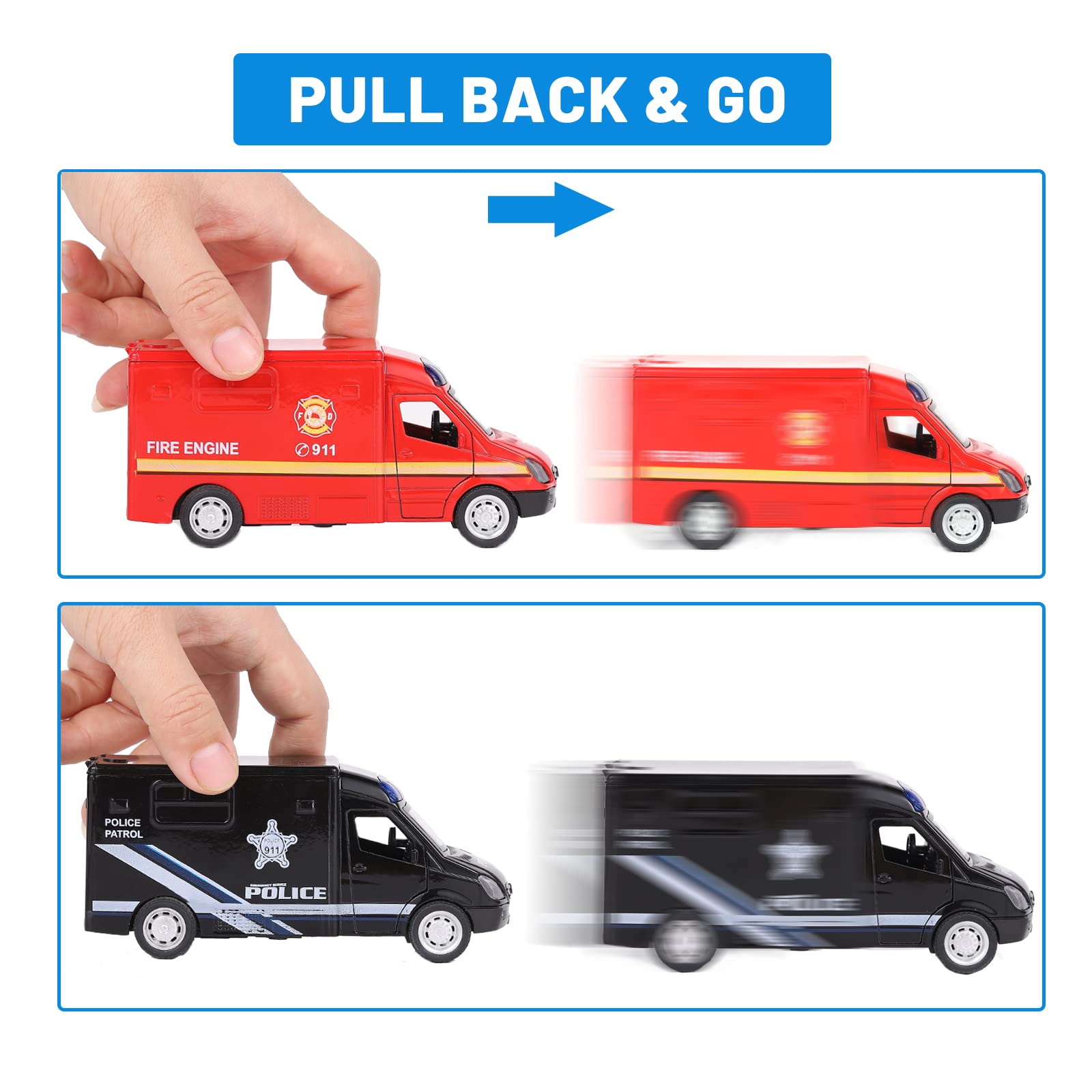 2 Pack Diecast Emergency Vehicle Toy Playsets,Pull Back Alloy Metal Car with Openable Doors,Fire Truck,Police Car Playset for Kids Boys