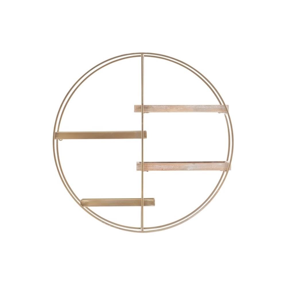Linon Kenson Round Metal and Greywashed Wood Four Shelf Wall Storage in Gold