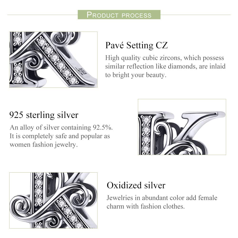 925 Sterling Silver Letter K Charms for Pandora Bracelets Alphabet Initial Beads Jewelry Gift for Women