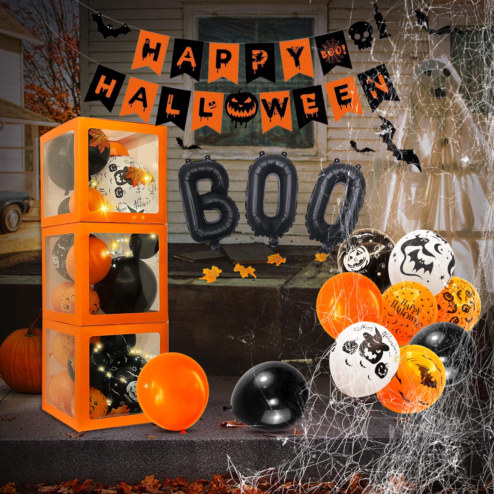 128 Pcs Halloween Party Decorations, Halloween Party Supplies - Halloween Balloon boxes, String Light, "HAPPY HALLOWEEN" Banner, "BOO" Banner, Multi Balloons, Bat Decor, Spider Wed