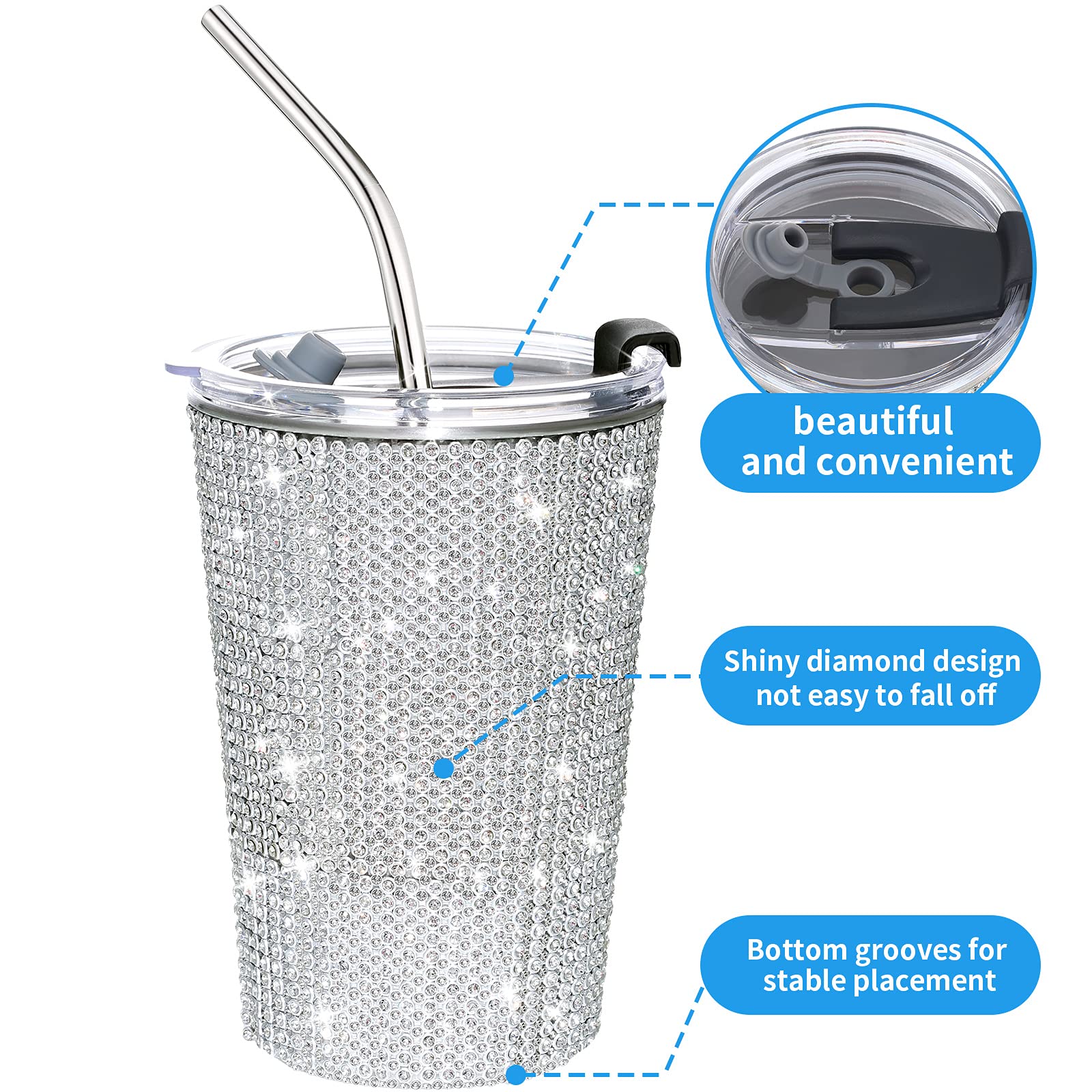 16 oz Bling Diamond Straw Cup Bling Rhinestone Stainless Steel Thermal Bottle Refillable Insulated Glitter Water Bottle 2 Pcs Blue Cup Brushes 6 Pcs Straw Brushes for Women Female Girls (Silver)