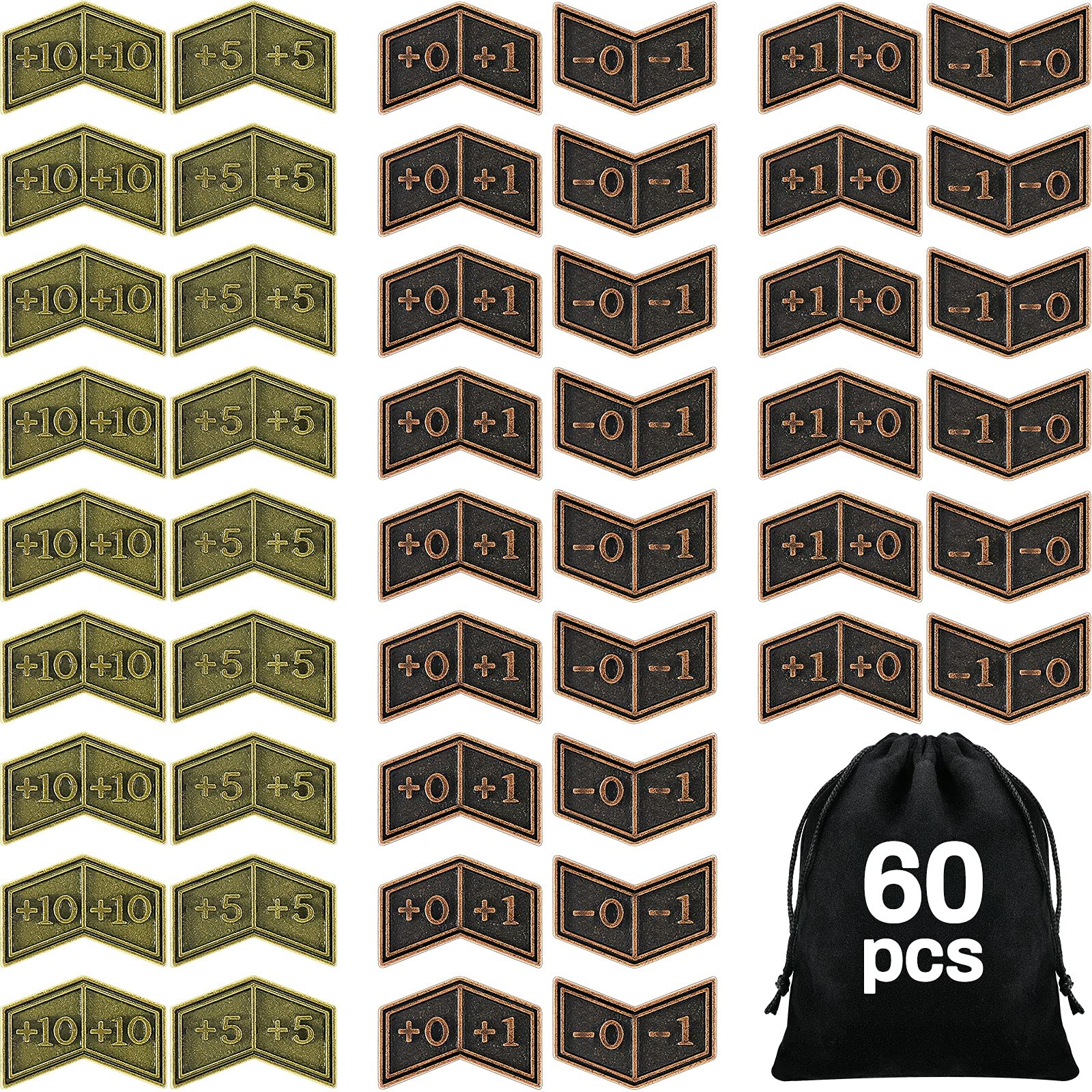 60 Pieces Magic Gathering Counters Tokens Antique Gold Metal Tokens Counters Double Sided Compatible with CCG and MTG with Velvet Drawstring Pouch