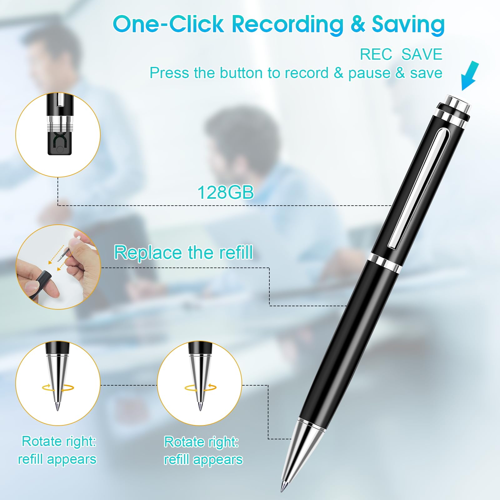 128GB Voice Recorder 23Hrs Long Battery Life, Recorder Voice Activated with Intelligent Noise Reduction, Portable Recording Device for Lecture/Meeting/Course, Audio Recorder Transfer File to Computer