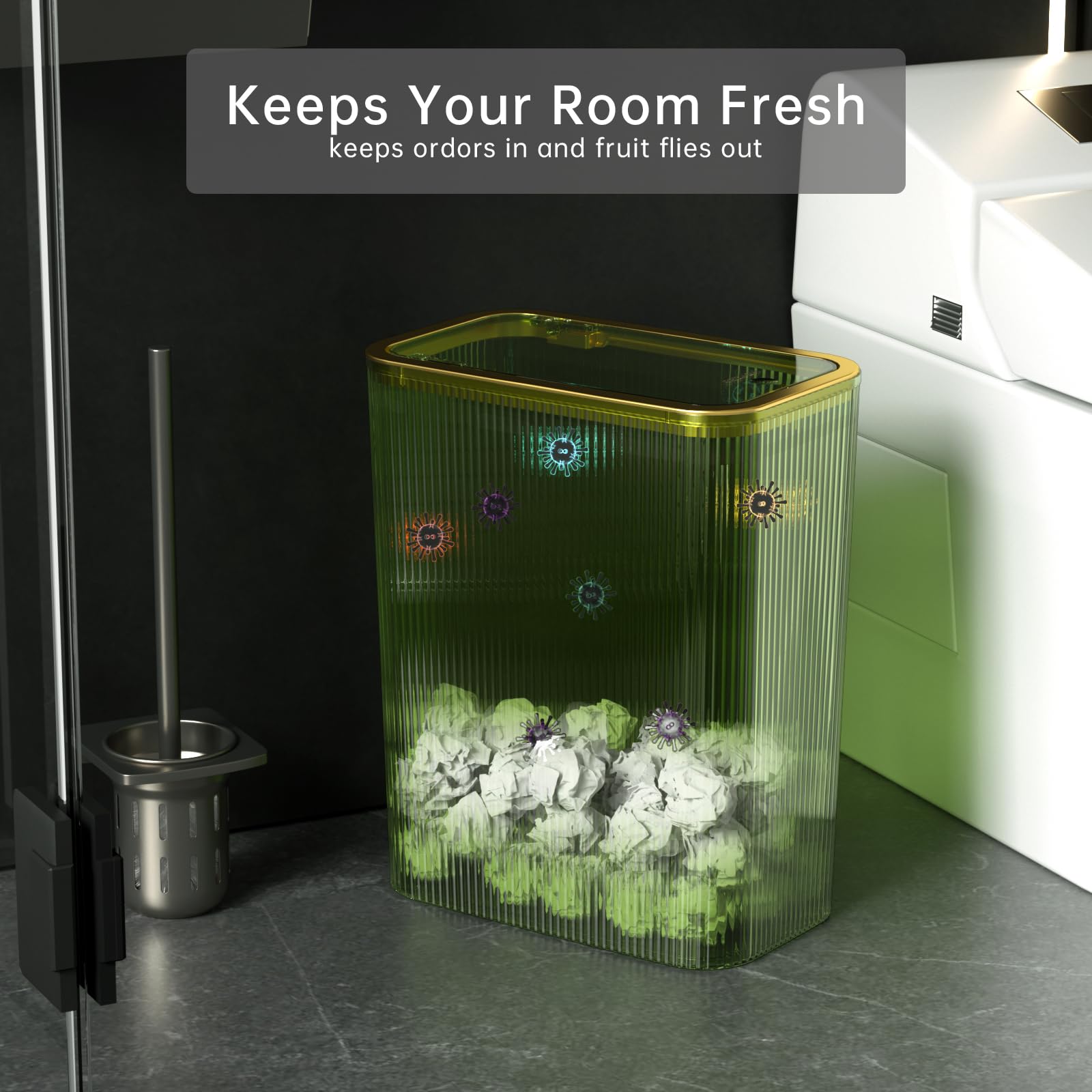 2 Pack Bathroom Trash Can with Lid, 2.6 Gallon Small Garbage Can with Pop-Up Lid Stylish Clear Waste Basket, Plastic Slim Trash Bin Dog Proof, Green Bedroom Trash Can, Small Bathroom Trash Can