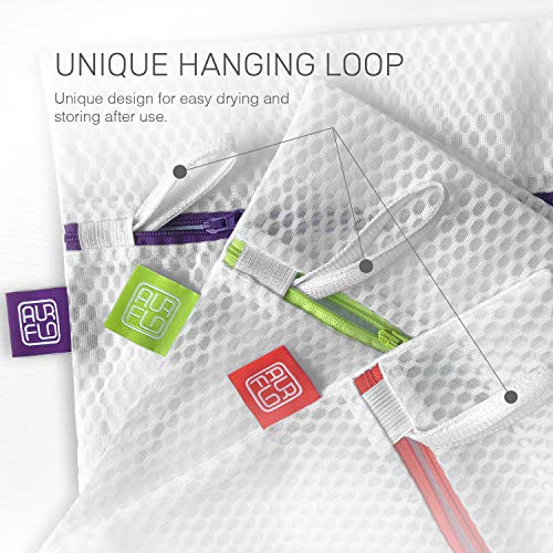 AURFLO Mesh Laundry Bag-Set of 3 Medium Heavy Duty Net with Zipper Lock, Color Coding and Hanging Loop-Safe Wash and Organizer for Travel, Lingerie, Gloves, Socks, Yoga Pants, Bra, Jeans, Sweater