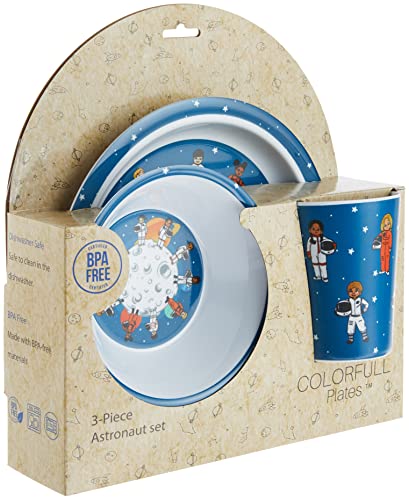 Colorfull Plates 3 Piece Kids Dinnerware Set, Space Themed, BPA-Free Melamine, Multicolor, Toddler Feeding Set