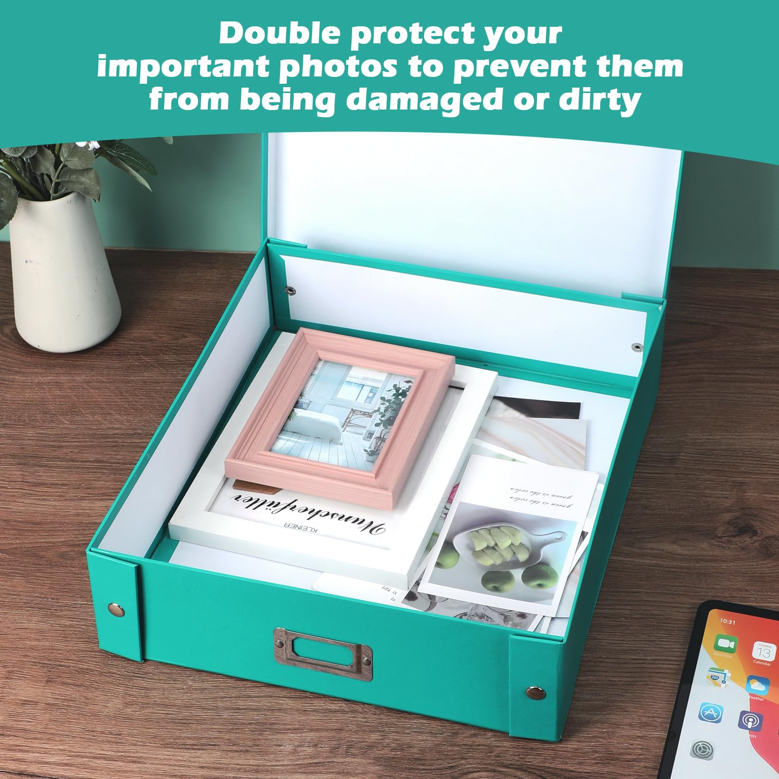 2 Pack 12“ x 12" Jumbo Photo Storage Box Fold Scrapbook Storage Box with Lid Forest Green Archival Storage Boxes Document Organizer Boxes Photo Storage Ideas For Album Keepsake 14.5" x 12.8" x 3.5"