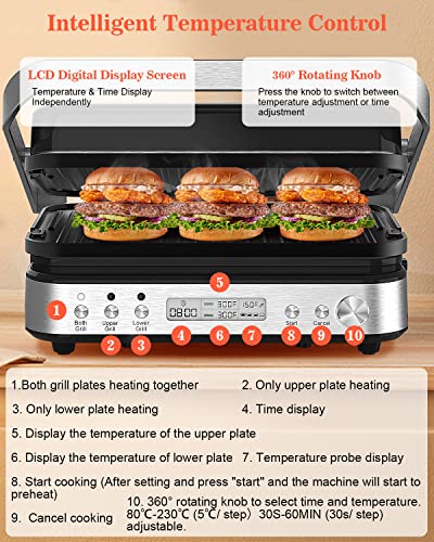 5 in 1 Indoor Grill, Panini Press Grill Sandwich Maker, CATTLEMAN CUISINE Electric Contact Grill and Griddle with Removable Nonstick Grill Plates, Smart Probe, LCD Display, Stainless Steel, 1600W