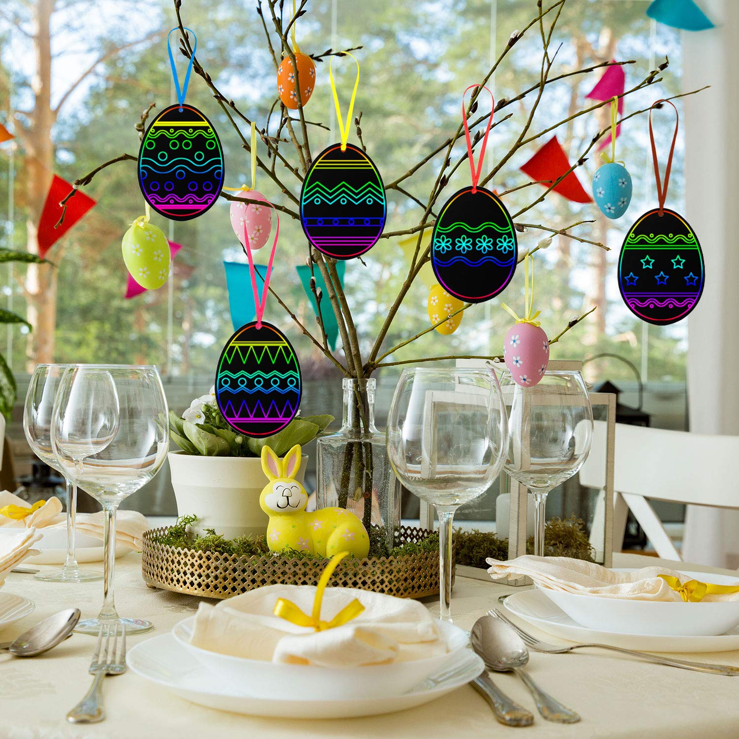48 Pieces Scratch Paper Easter Scratch Craft Art Easter Day Ornaments Colorful Scratch Easter Day Rainbow Cutouts with 48 Wooden Sticks and 48 Colorful Ribbons for Kids Church Class (Egg)