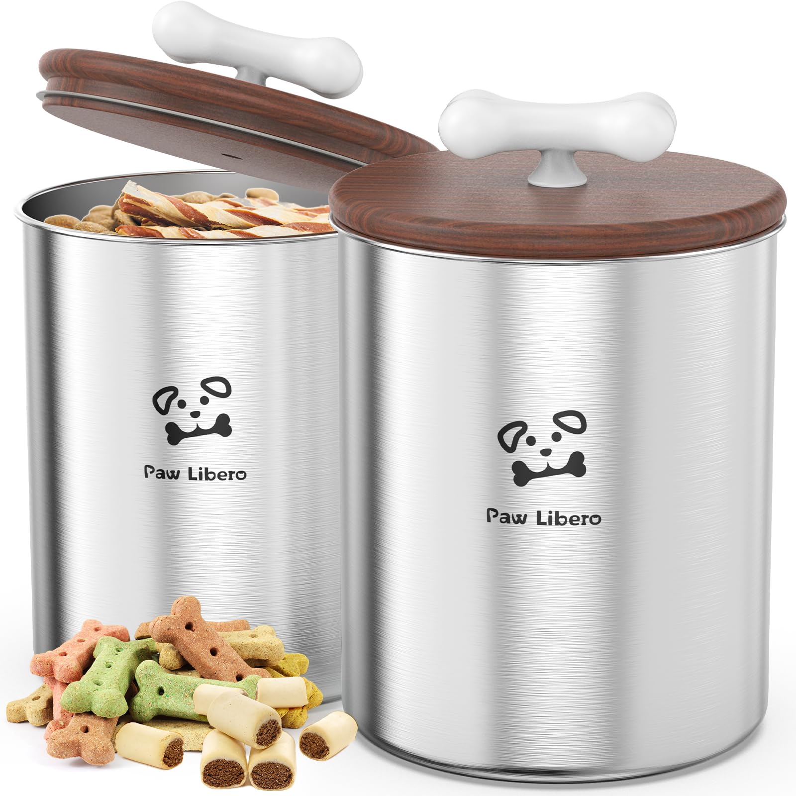 17 oz/6 cups+31 oz/10 cups 2PK Stainless Steel Dog Treat Container Airtight with Wooden Lid to Keep Fresh, Metal Dog Food Storage Container with Ceramic Bone Handle, Easy Clean Dog Treat Jar Bin