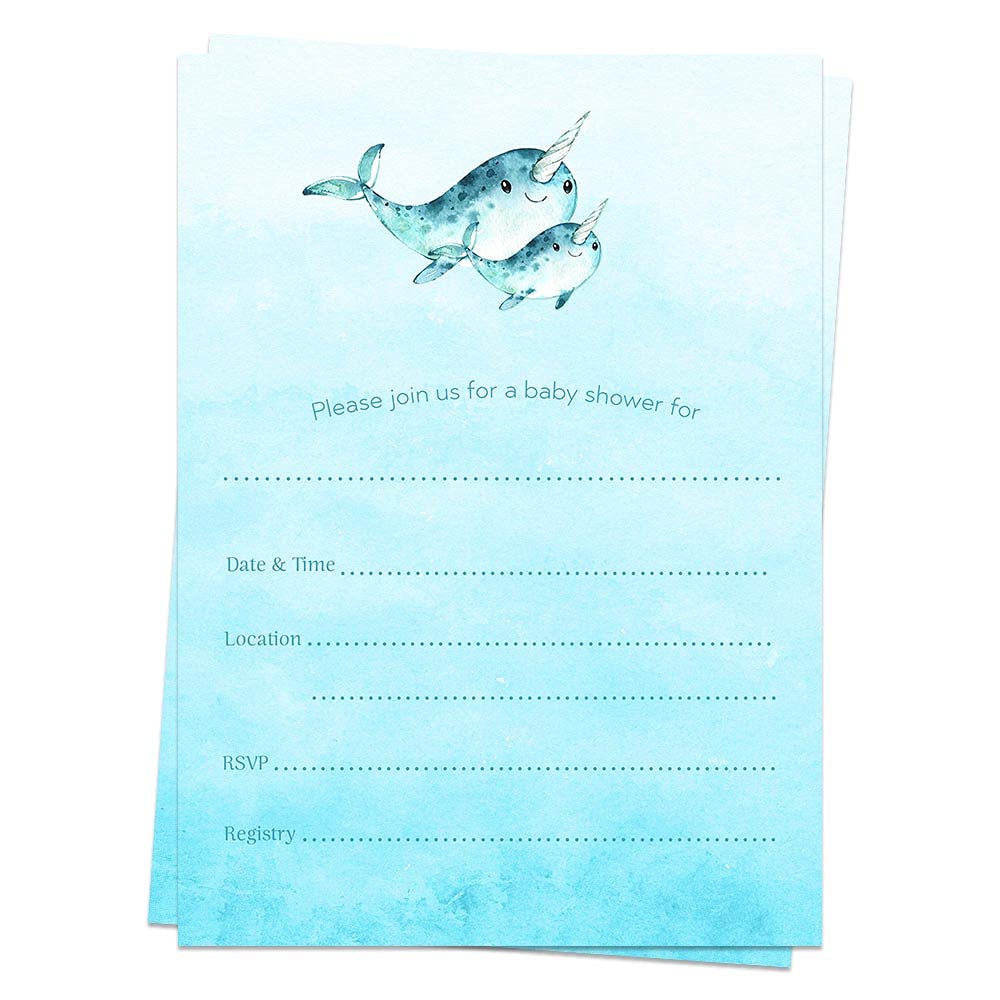 Watercolor Narwhal Fill in the Blank Invitation Baby Shower Blue Sea Ocean Narwhals Mommy and Me Its a Boy FIB (15 count)