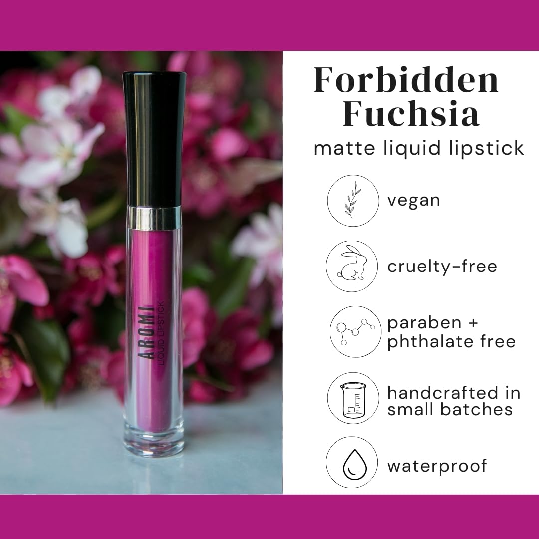 Aromi Matte Liquid Lipstick | Long-Lasting, Smudge Proof, Purple Magenta Lip Color, Waterproof, Pink Raspberry, Paraben, Phthalate, + Gluten Free (Forbidden Fuchsia)