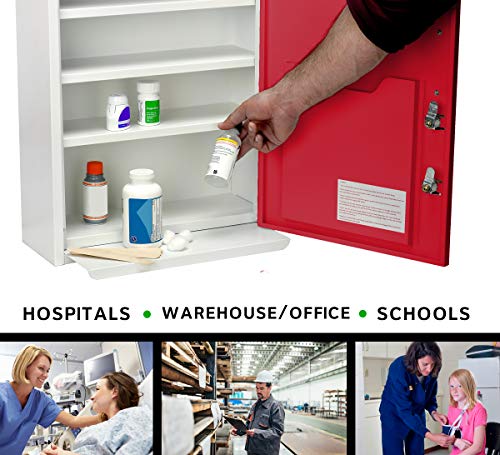 AdirMed Medicine Cabinet with Pull-Out Shelf & Document Pocket - Large Dual Lock Wall Mounted Steel Medical Organizer - Secure Storage for Medicine First Aid and Emergency Kit (Red)