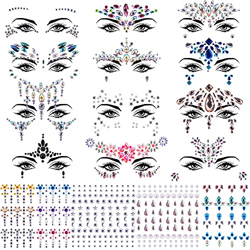 SIQUK 17 Sheet Face Sticker Jewels Eyes Jewel Set with 12 Sheet Mermaid Face Jewels Glitter Face Gems Rhinestone Face Crystal and 5 Sheet Eye Face Body Gems Crystal Tears Jewel for Festival Party