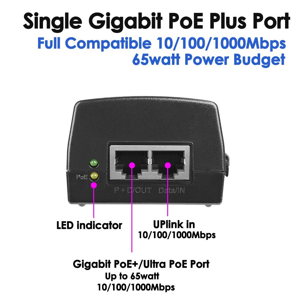 60W Gigabit PoE+ Injector, 10/100/1000Mbps, PoE++ Injector Ethernet Adapter, Shidlded RJ-45, IEEE 802.3af/at/bt Compliant, Up to 328 Ft, Replace of TL-PoE170S, TPE-117GI, M921-E-60W