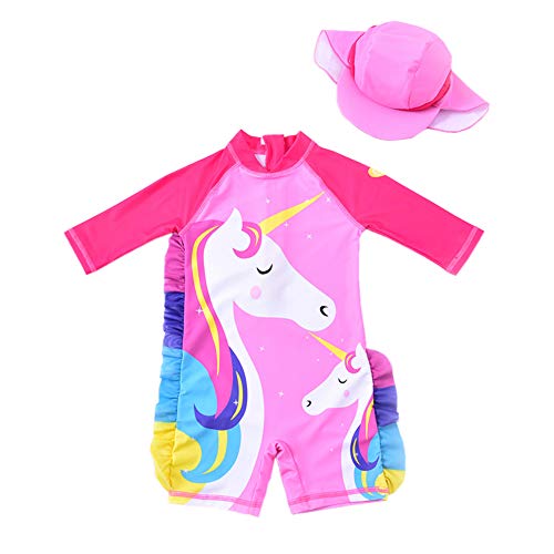 Baby Girl One Piece Swimsuit Sunsuit Long Sleeve Swimwear Rash Guard Toddler Kid Unicorn Bathing Suit Zip with Hat (3 Years/90) Pink