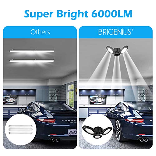 BRIGENIUS LED Garage Light, 60W LED Garage Lighting, 6000LM 6500K LED Three-Leaf Garage Ceiling Light, Deformable E26/E27 Garage Lights for Garage, Workshop