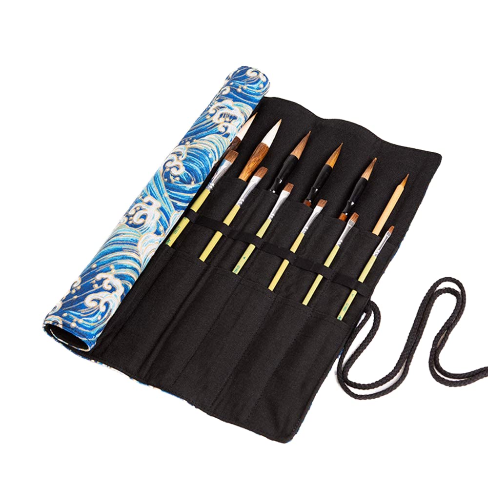 20 Slots Artist Paint Brush Roll Up Bag Holder Canvas Pouch Makeup Case Organizer Rollup Protection(Without Brushes) (Black)