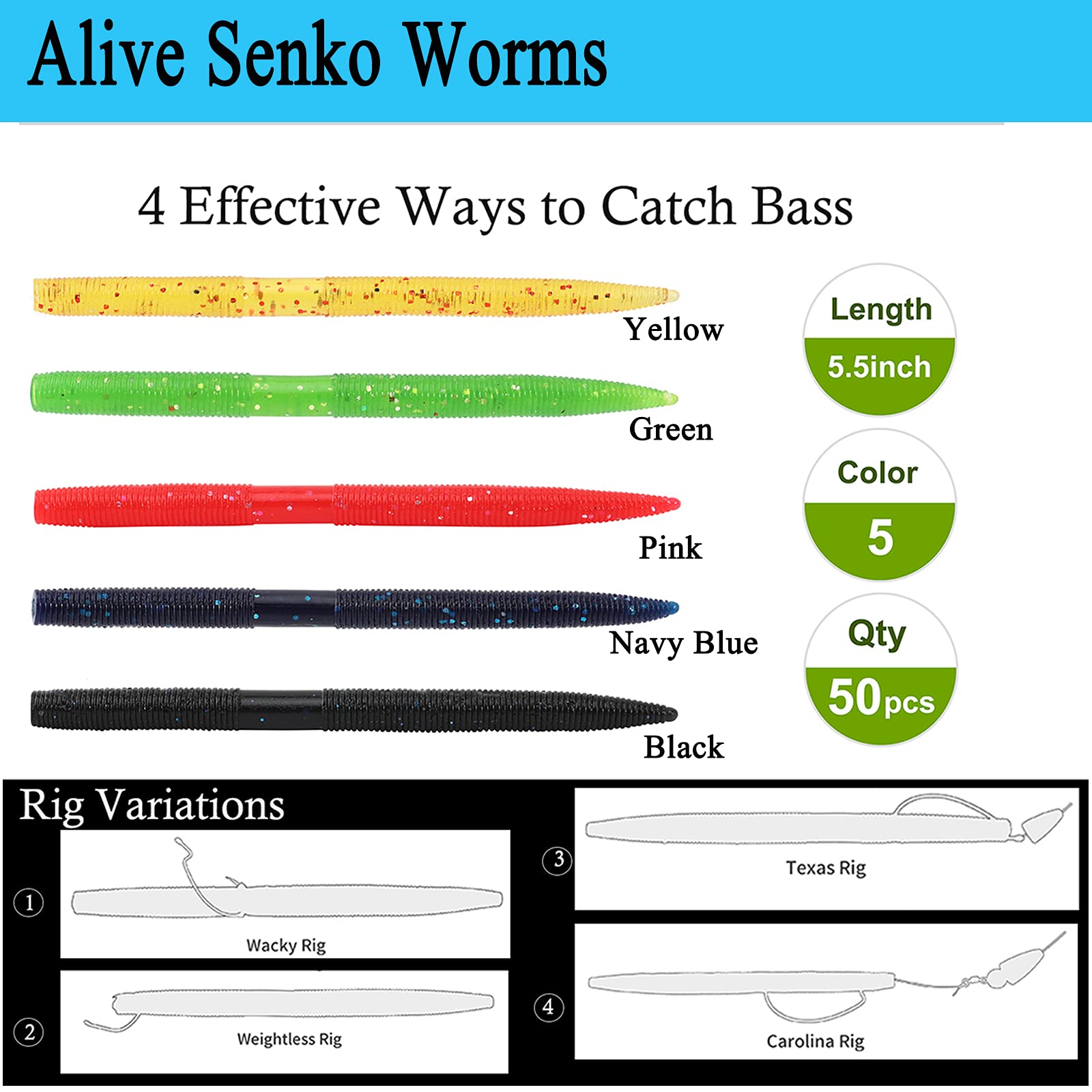 129 PCS Bass Fishing Kit 5.5ββ Wacky Senko Worms Soft Wacky Rig Plastic Stick Baits (129 pcs Fishing Worm Kit)