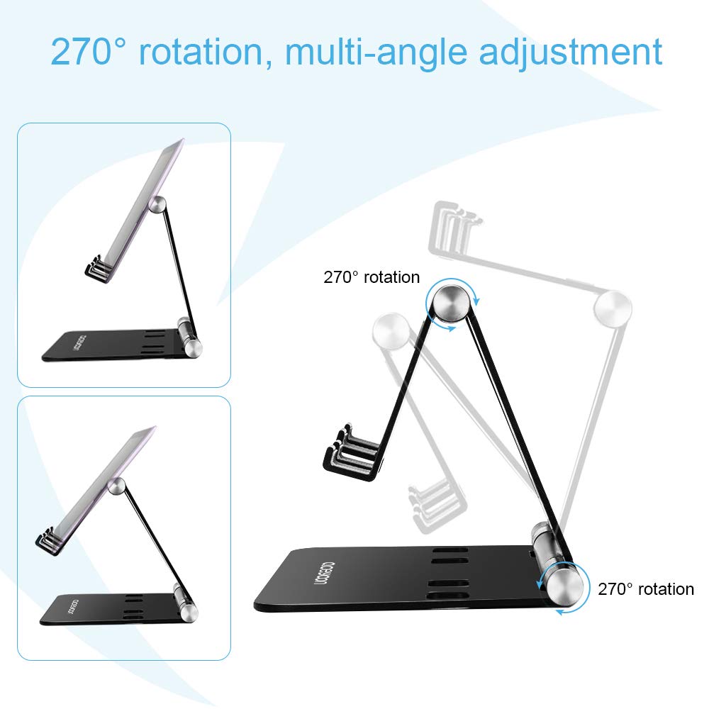 aceyoon Adjustable Tablet Stand, iPad/Cell Phone Holder for Desk, Aluminum Alloy Stand Holder for 2 Phones or a Tablet/Kindle, Sturdy Dual Stands, Foldable and Portable, Black