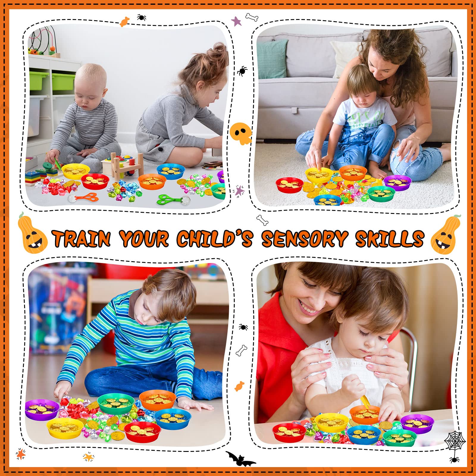 172 Pcs Fine Motor Skills Toys Sensory Bin Filler Including 80 Pcs Pirate Gold Coins 80 Pcs Pirate Gems 6 Pcs Sorting Bowls 2 Pcs Scissors Clip 4 Plastic Tweezers for Education Sorting Counting