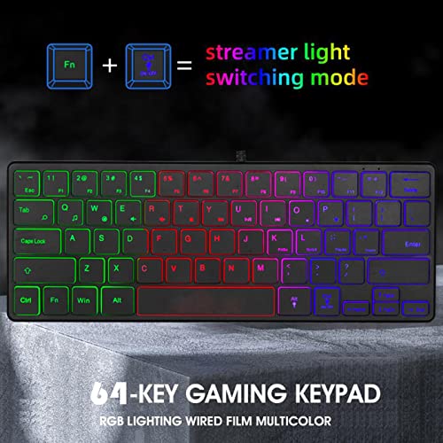 64 Keys Gaming Keyboard Mini Mechanical Illuminated Compact Ergonomic Game Waterproof Three-Color for Typist Travel Business Windows