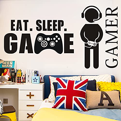 Gamer with Controller Wall Decal, Eat Sleep Game Boy Decal Wall Sticker, Vinyl Art Design Sticker Wall for Home, Playroom Bedroom Decoration Wallpaper (2)