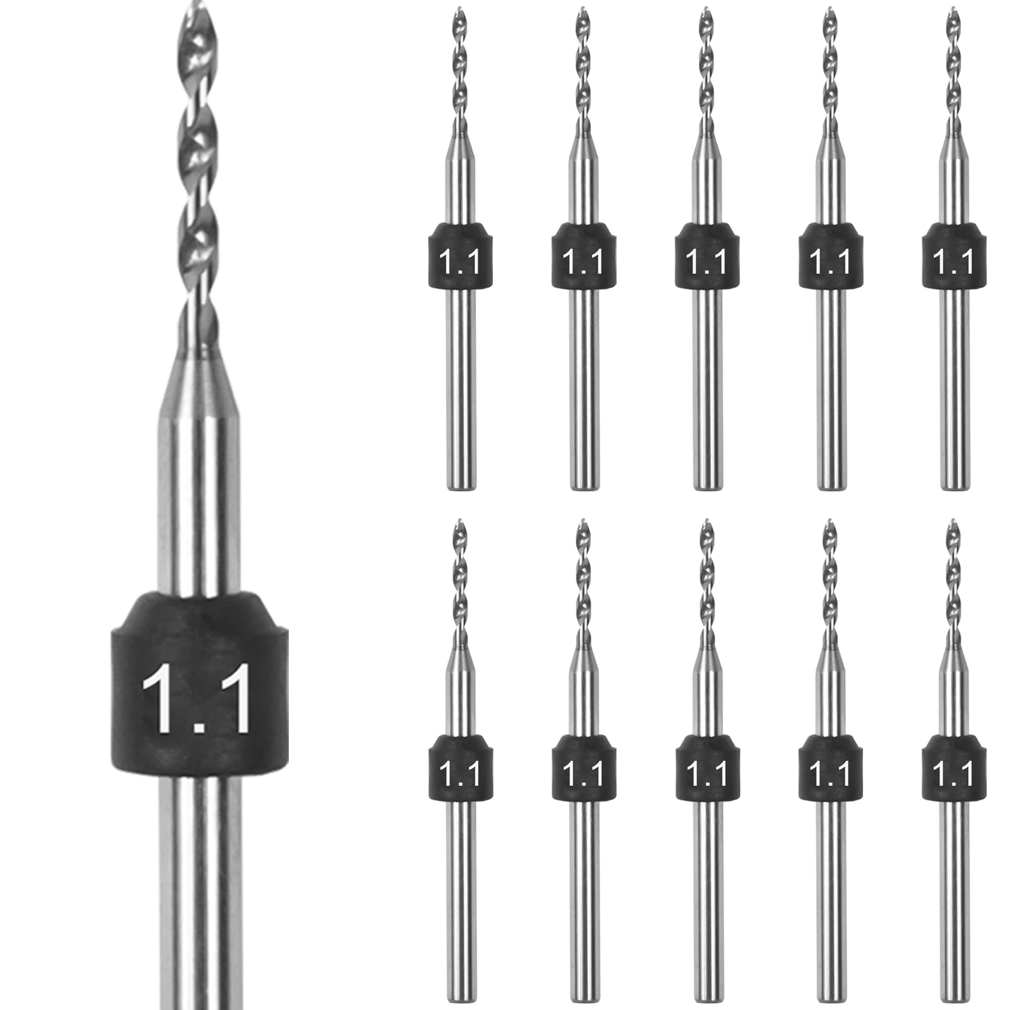 10Pcs PCB Drill Bit Set - Micro Drill Bits, Spiral Flute Carbide 2.35mm Shank Tiny Drill Bit Hole Drilling Tool for DIY, Jewelry, Amber, Beads (1.1mm 10pcs)