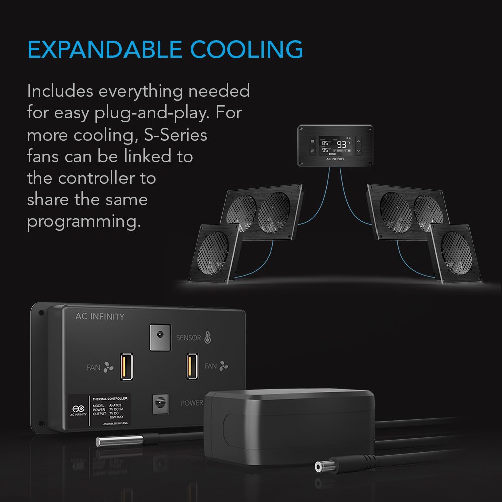 AC Infinity AIRPLATE T7, Quiet Cooling Fan System 12" with Thermostat Control, for Home Theater AV Cabinets