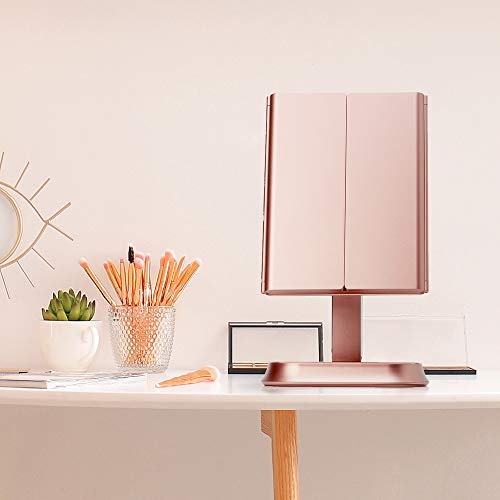 Fancii Makeup Mirror with Natural LED Lights, Lighted Trifold Vanity Mirror with 5X & 7X Magnifications - 40 Dimmable Lights, Touch Screen, Cosmetic Stand - Sora (Rose Gold)