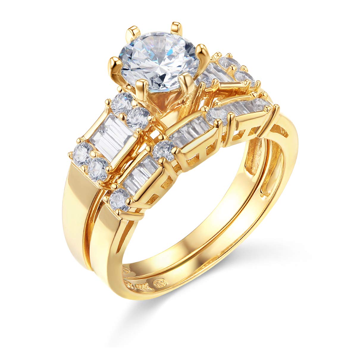 14k Yellow Gold SOLID Wedding Engagement Ring and Wedding Band 2 Piece Set - Size 6.5