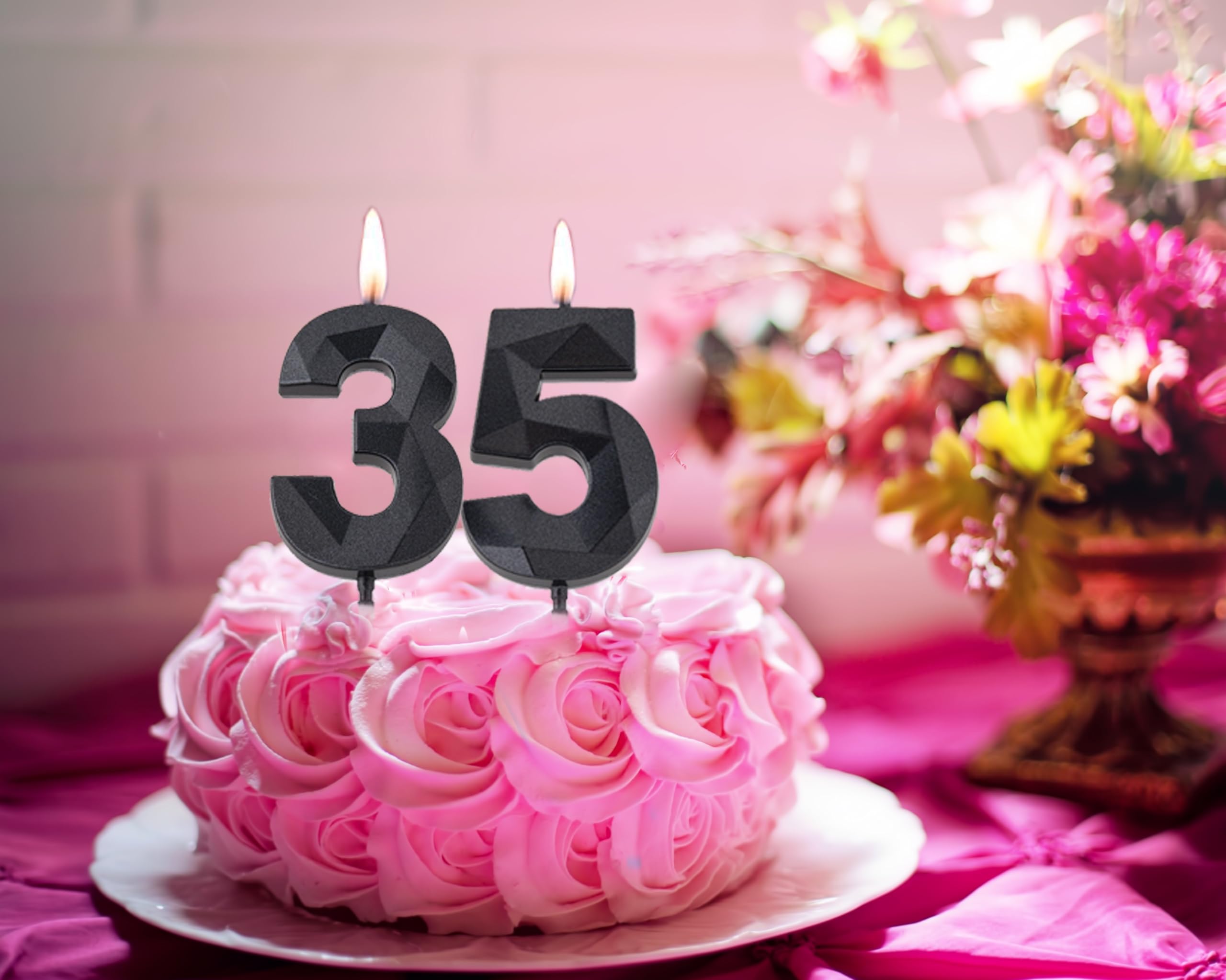 2 inch Black 35 & 53 Birthday Candles, 3D Diamond Number 35th & 53th Cake Topper for Men Women Birthday Party Decorations Theme Party