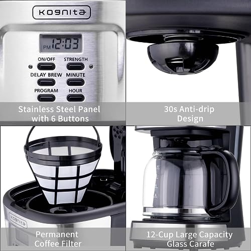 12 Cup Coffee Maker,Programmable Coffee Machine & Ice Tea Maker with Glass Carafe,4-12 Cups Drip Coffee Pot,900W Quick Brew,Auto Keep Warm,Anti-Drip,Brew Strength Control,Small Coffe Maker for Home and Office,Stainless Steel