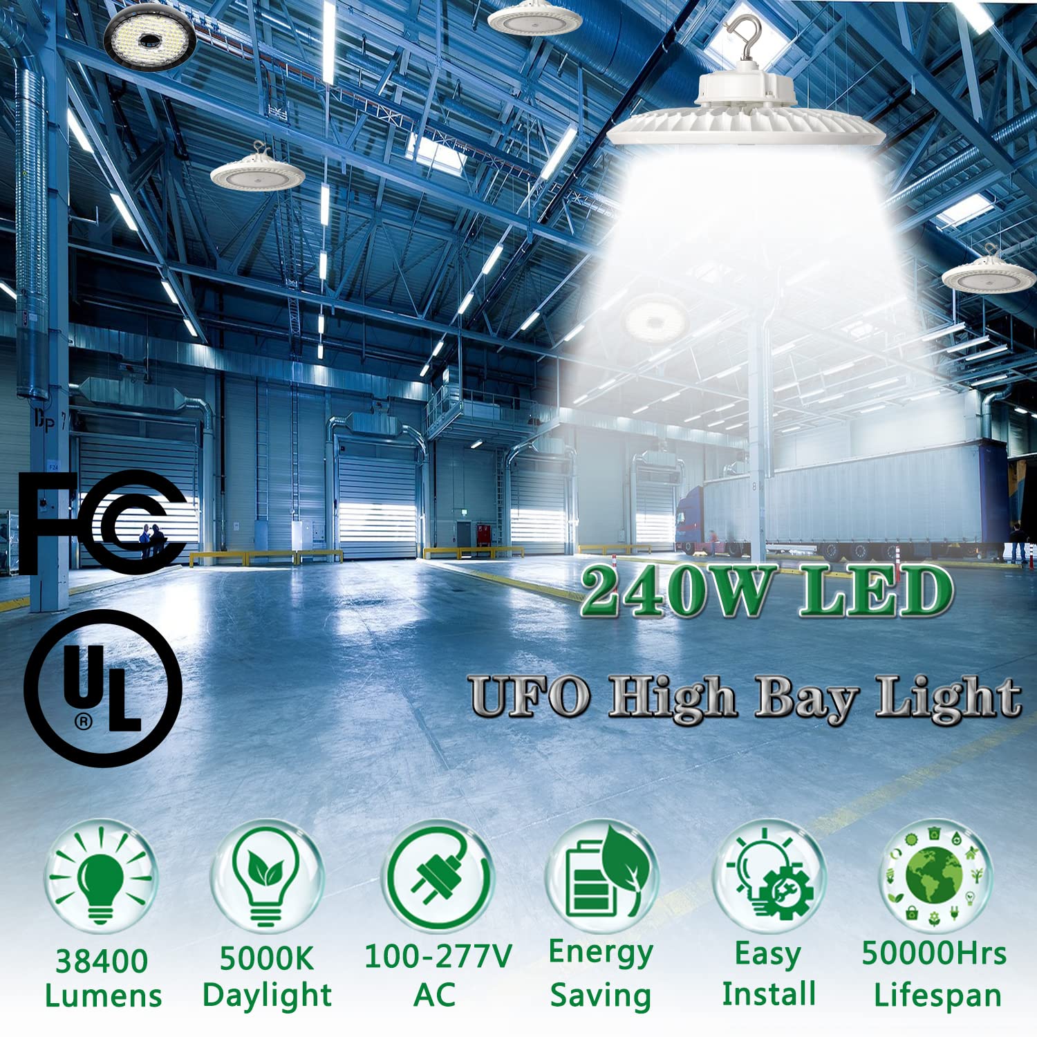 240W UFO LED High Bay Light, 38400LM 5000K White LED High Bay Light(1000W HID/HPS Equiv.) 100-277V 5ft Cord 1-10V Dimmable LED Warehouse Shop Light, IP65 Waterproof DLC ETL Certified