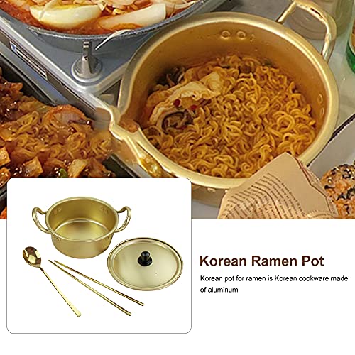 20cm Korean Ramen Cooking Pot with Spoon Chopsticks Lid Ramen Pot Fast Heating Instant Noodle Soup Korean Korean Ramen Noodle Pot Fast Heating For Kitchen Cookware(Gold)