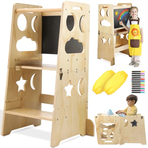 4 in 1 Convertible Learning Tower for Toddlers, MONBLAM Foldable Kitchen Step Helper Stool with Adjustable Height & Safety Rail for 1.5-5Y Kids Kitchen Bathroom Counter