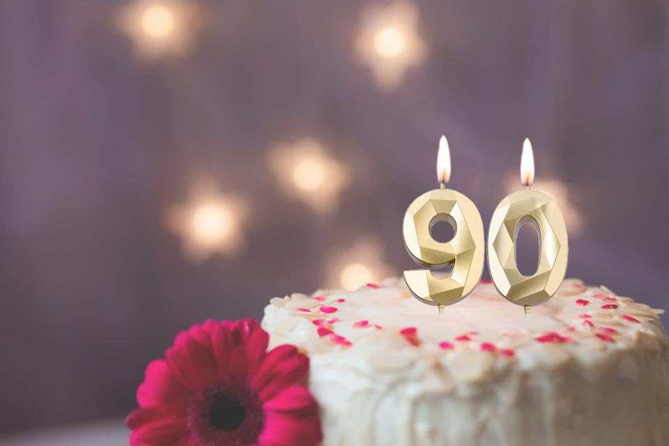 2 inch Gold 90 Birthday Candles, 3D Diamond Number 90 Cake Topper for Men Women Birthday Party Decorations Theme Party
