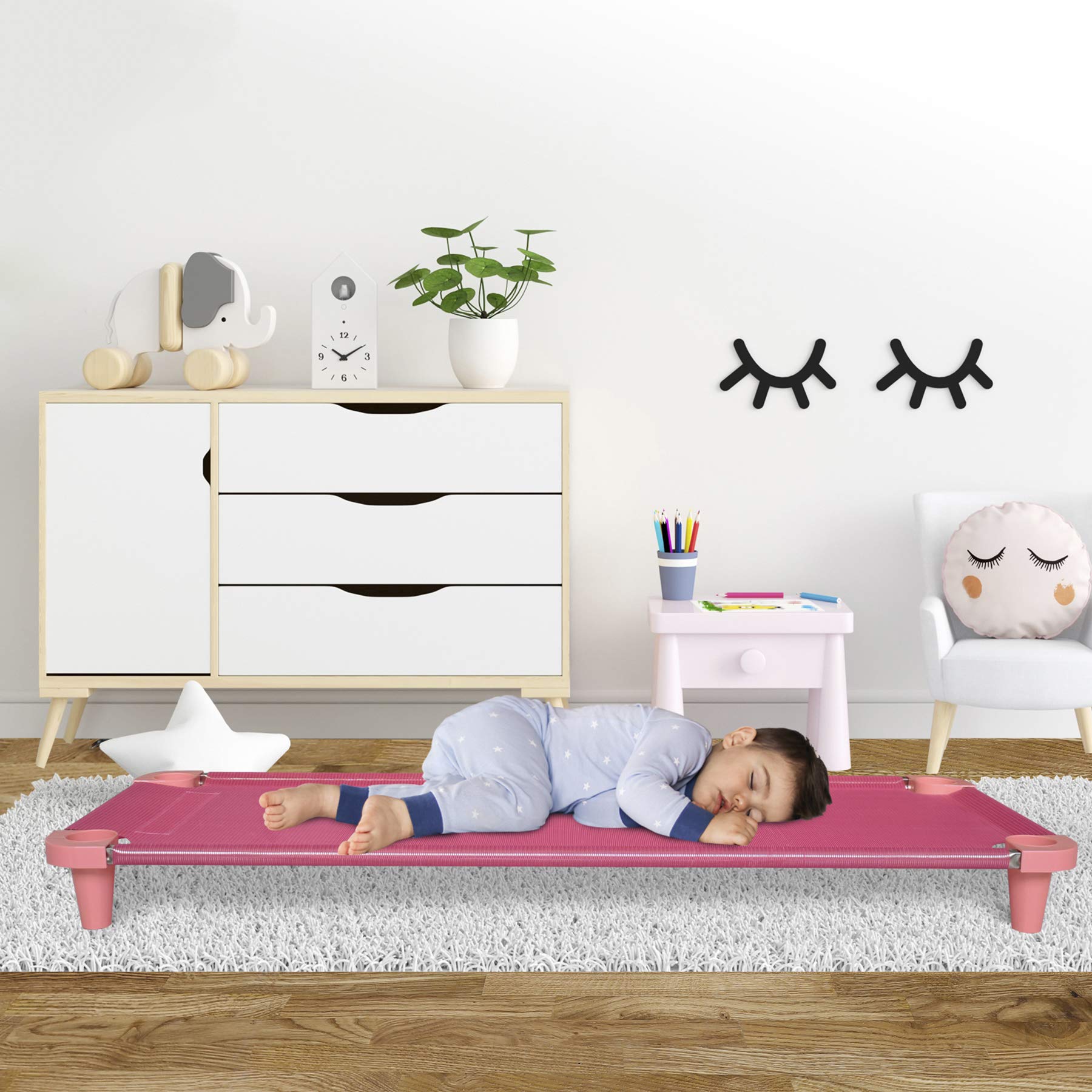 Acrimet Nap Cot for Kids, Portable Toddler Child Bed, Stackable, 52" L (Stainless Steel Tubes) (Pink Breathable Mesh Fabric - Pink Feet) (1 Pack)