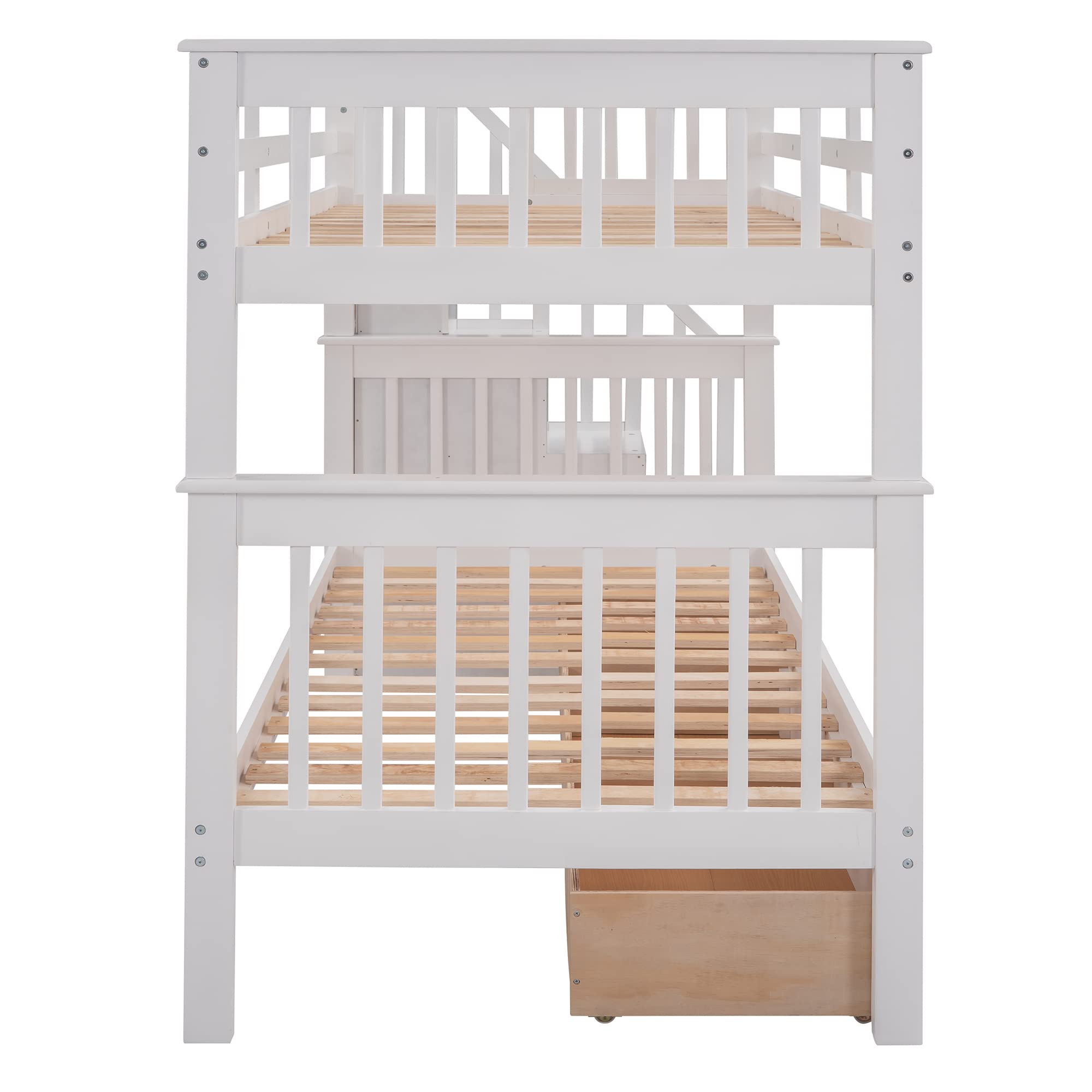 Twin Over Twin Bunk Bed with Stairs and 3 Storage Drawers, Solid Wood Bunk Bed Frame with Storage for Kids, Teens, Adults, Bedroom, Dorm. No Box Spring Needed (White)