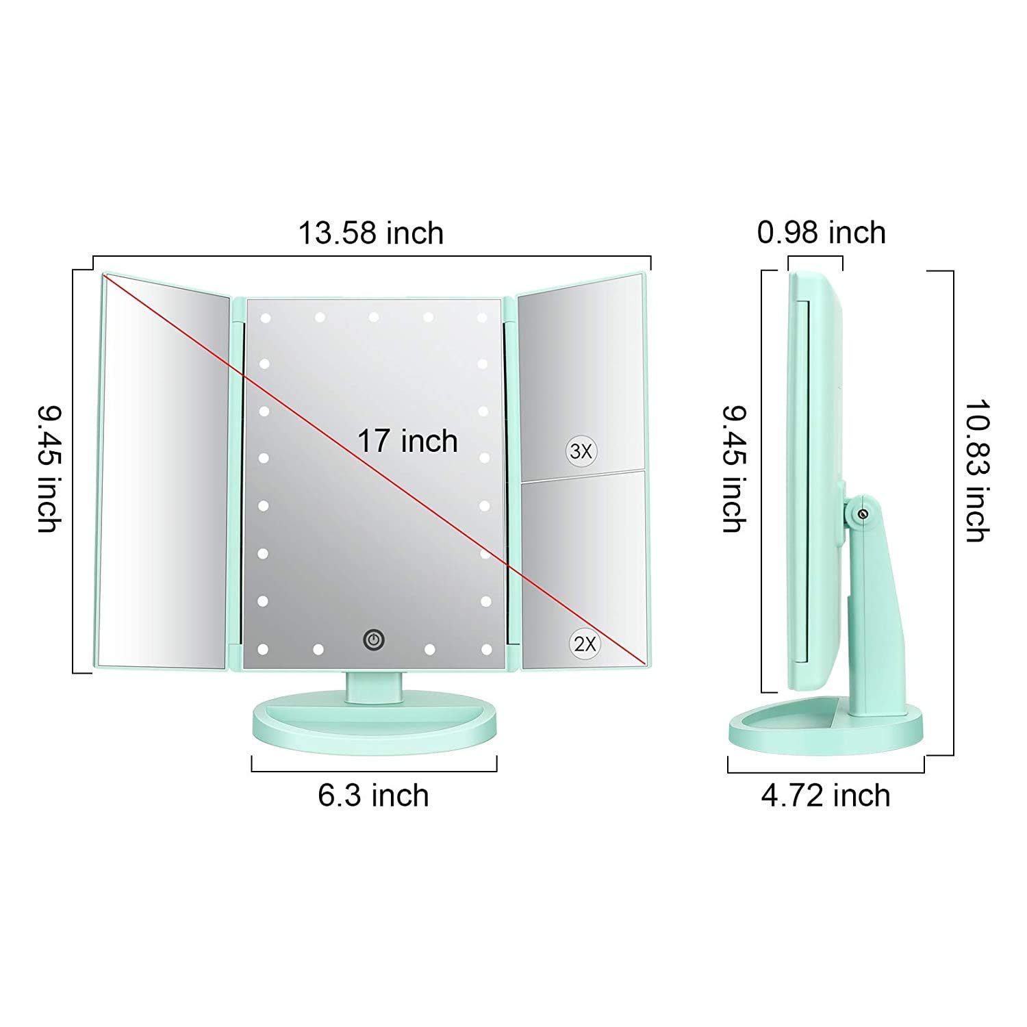 Flymiro Tri-fold Lighted Vanity Makeup Mirror with 3x/2x Magnification,21 LEDs Light and Touch Screen,180 Degree Free Rotation Countertop Cosmetic Mirror,Travel (Green)