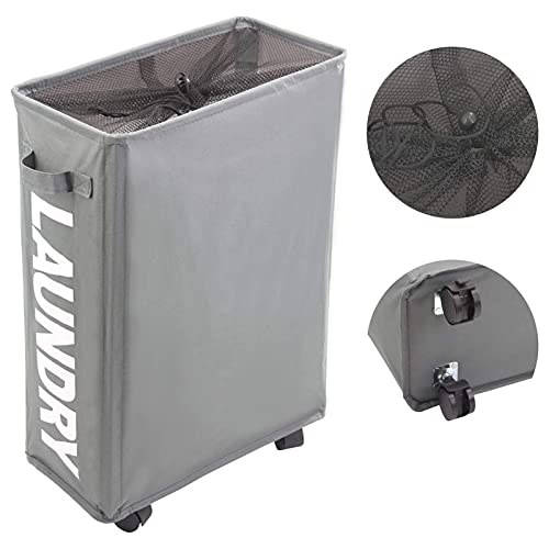 Mziart 22" Rolling Laundry Baskets on Wheels, Collapsible Slim Laundry Hamper Canvas Flexible Laundry Bag Storage Bin Organizer Dirty Clothes Sorter for Laundry Room Organization and Storage (Grey)