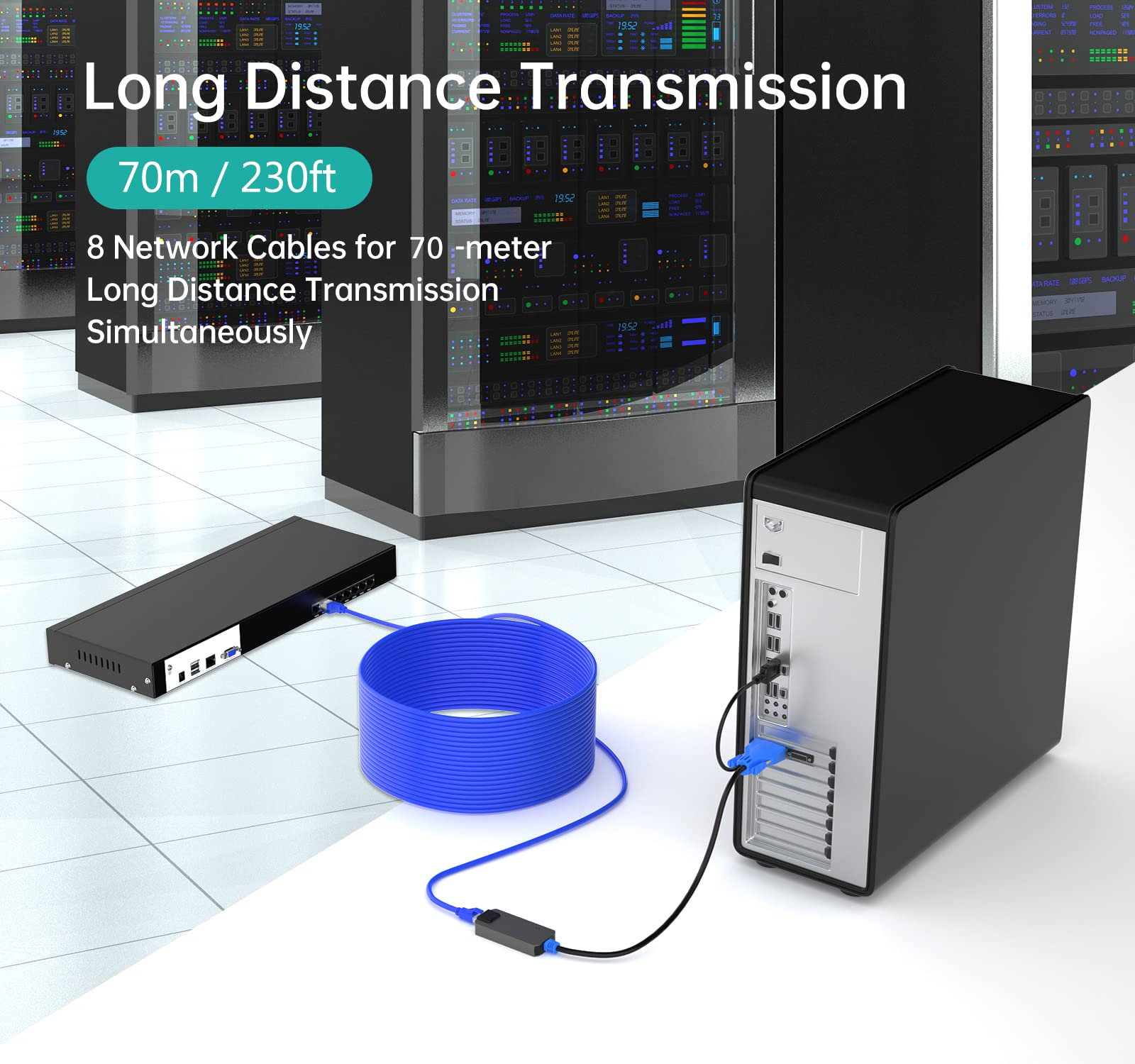 8 Port VGA KVM Console over CAT6, MT-VIKI CAT5E KVM Switch, 1U Rack Mount KVM Included 8 VGA to RJ45 KVM Dongles, Support Extended Distance UP to 230ft/70m by RJ45 Cable