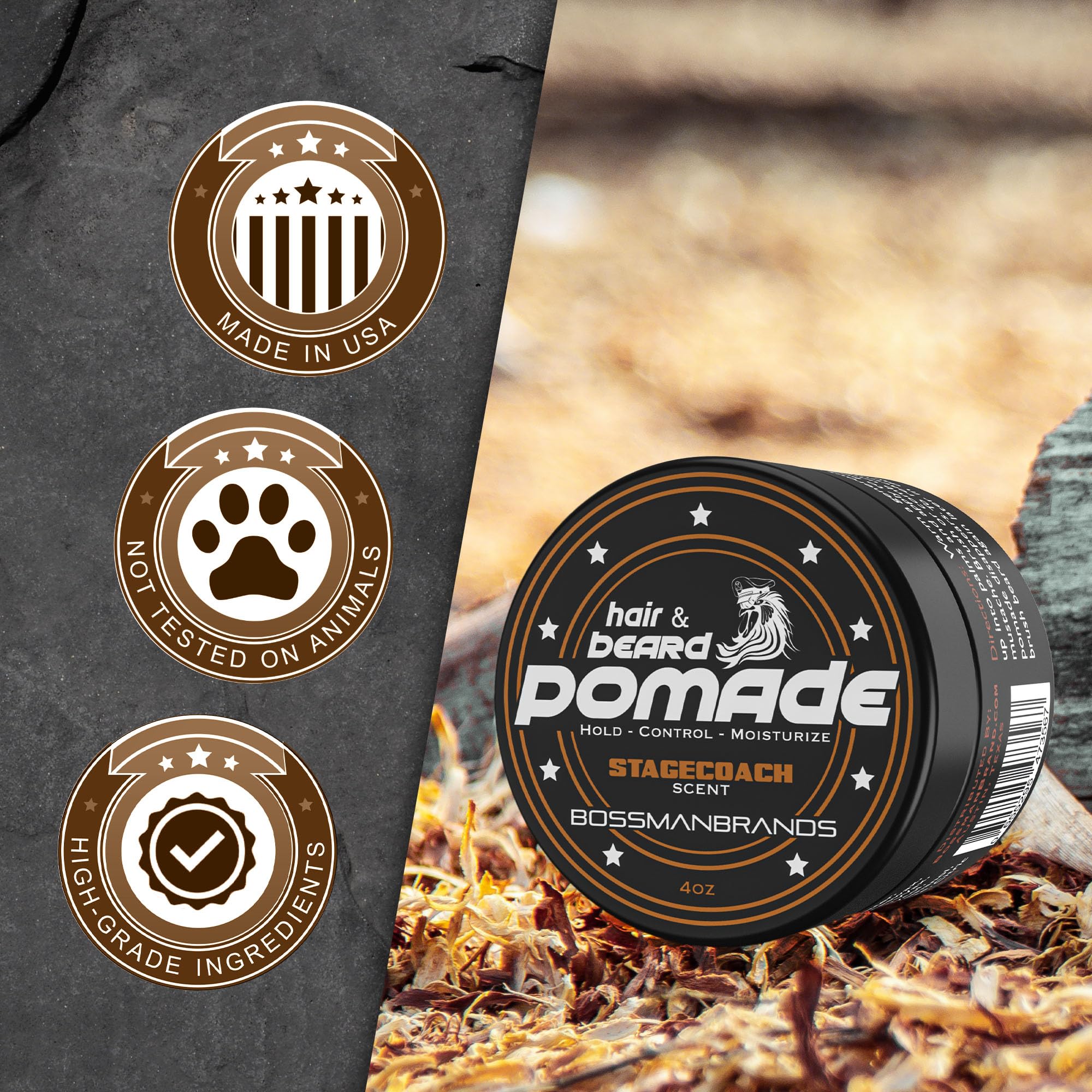 Bossman Hair & Beard Pomade - All Day Hold, Control and Moisturizing Hair, Beard and Moustache Styling Product - Natural Strong Hold Pomade - Made in USA (Stagecoach Scent)