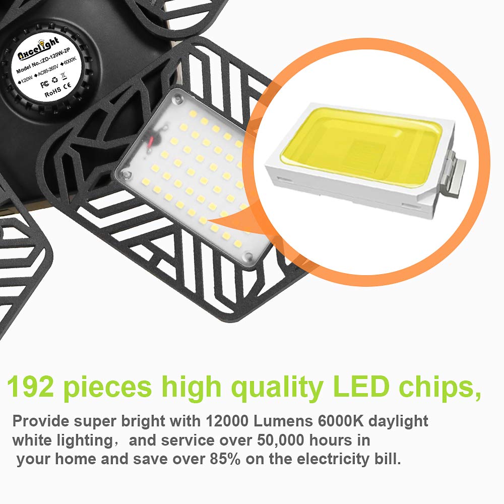 120W LED Garage Lights,12000 Lumens Super Bright Garage Ceiling Lights with 4 Adjustable Panels, Easy-Installation 6000K Deformable Bay Lights for Basement, Workshop, Barn, Warehouse(2 Pack)